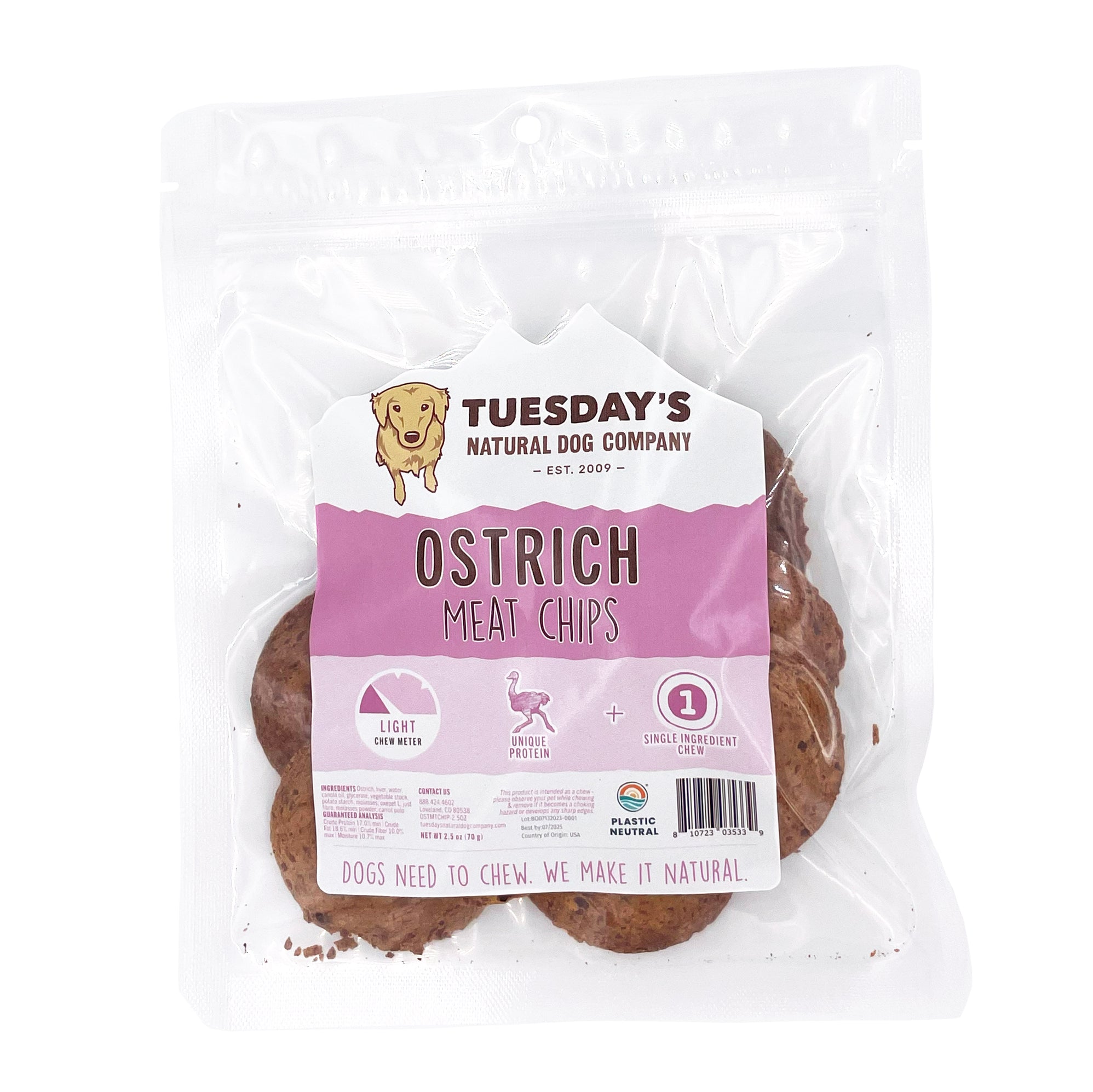 Ostrich Meat Chips - 2.5 oz — WHOLESALE - Tuesday's Natural Dog Company